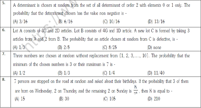 JEE Mathematics Probability MCQs Set B with Answers